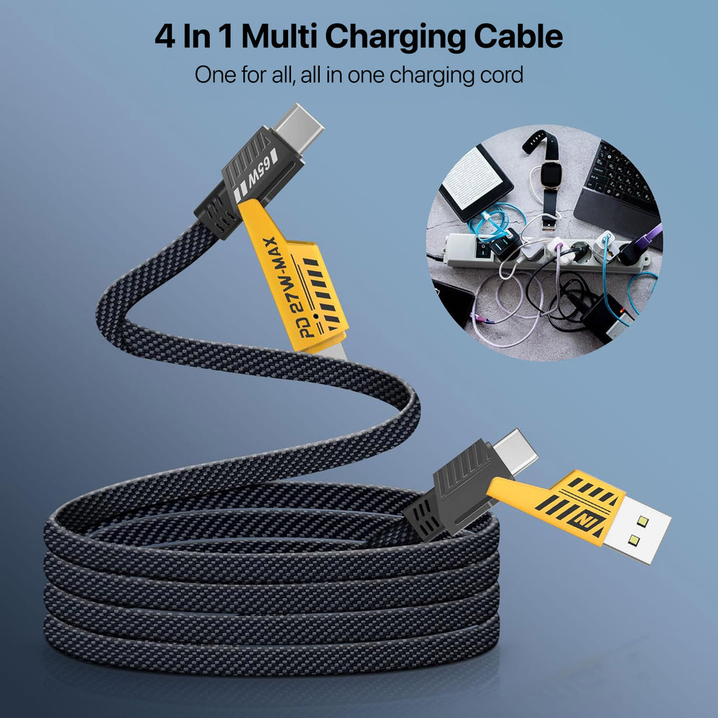 Vaku Luxos® 4-in-1 65W Fast Charging Flat Cable with USB, Lightning, C