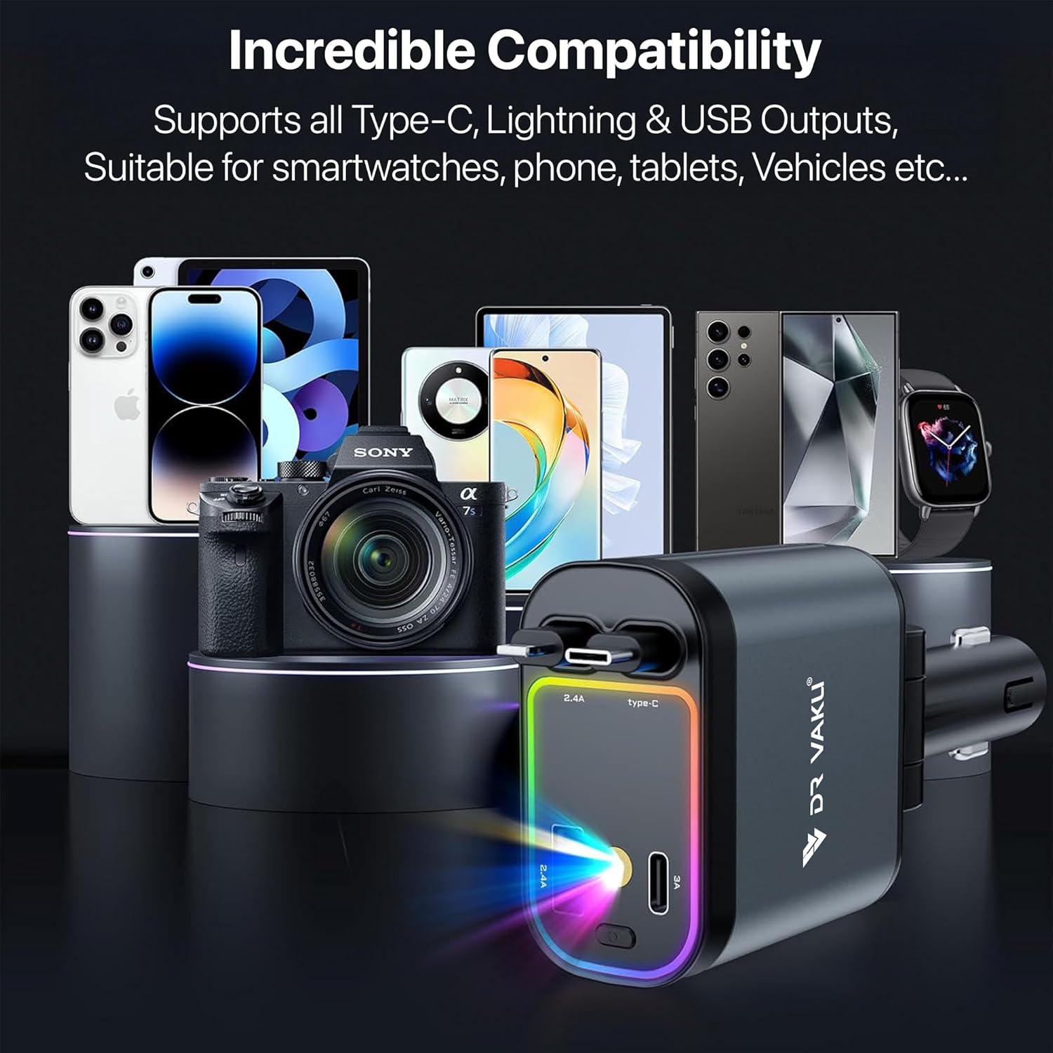 DR VAKU ® 4-in-1 66W Retractable Car Charger Fast Charging Dual USB Po ...