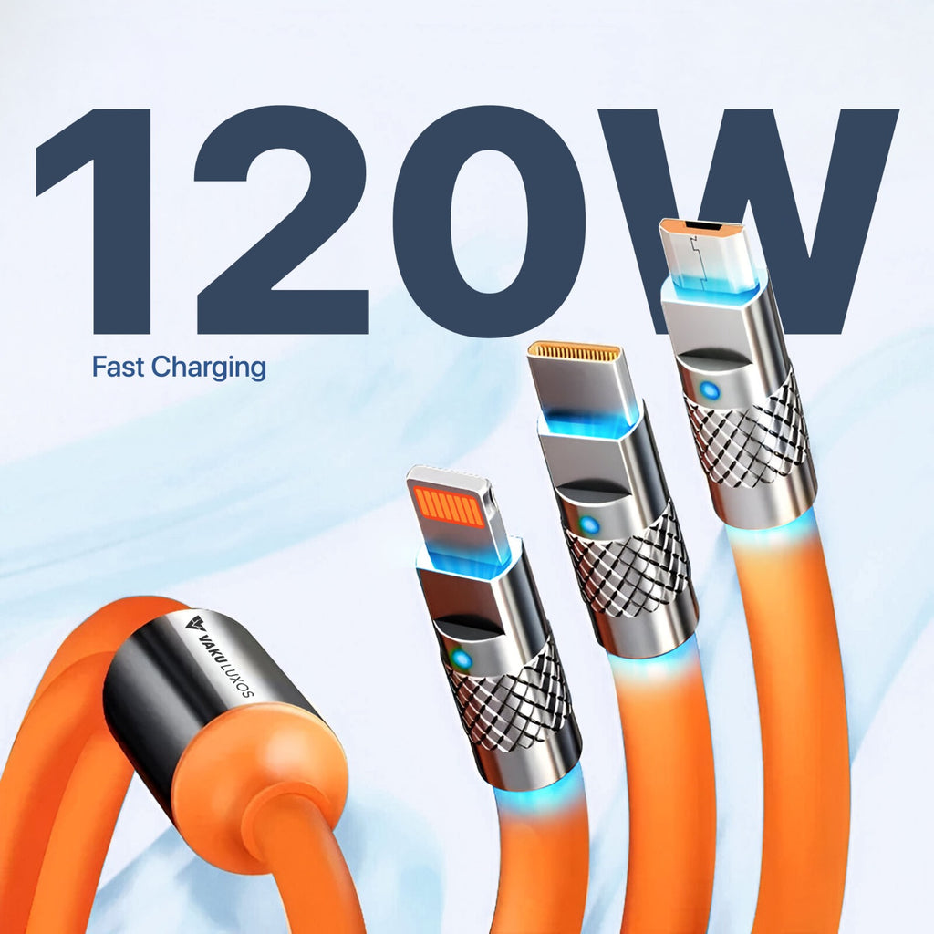 Vaku Luxos ® 3-in-1 Fast Charging Data Sync Cable 120W Durable Silicon