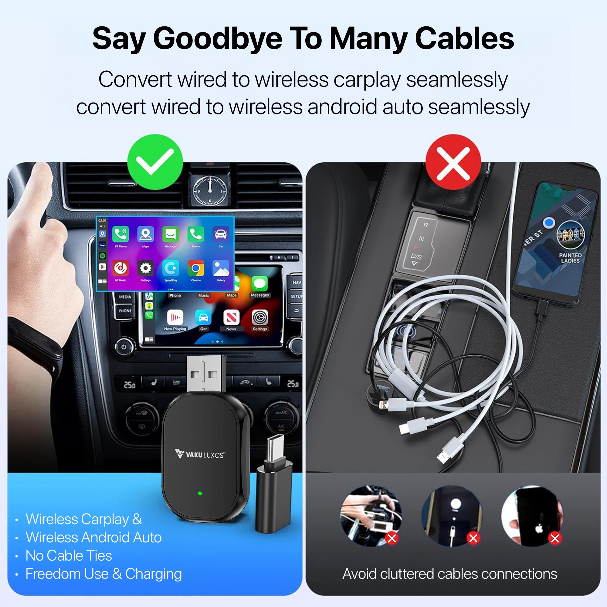 Vaku Luxos ® DASHELITE 2-in-1 Wireless Car Receiver For Wired Android ...