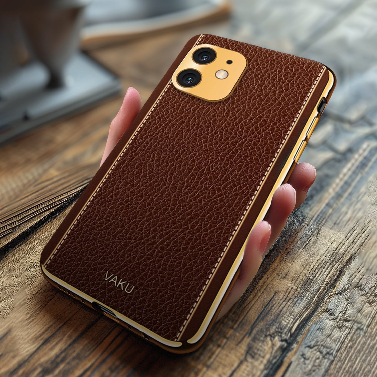 Vaku For Apple iPhone 11 Luxemberg Series Leather Stitched Gold Electroplated Soft TPU Back Cover